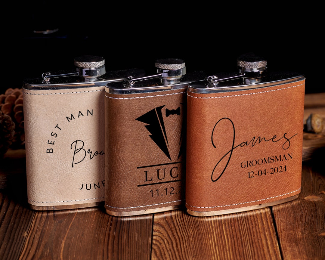 Personalized Leather Flask + Cups Set, Custom Name Engraved Best Man ...