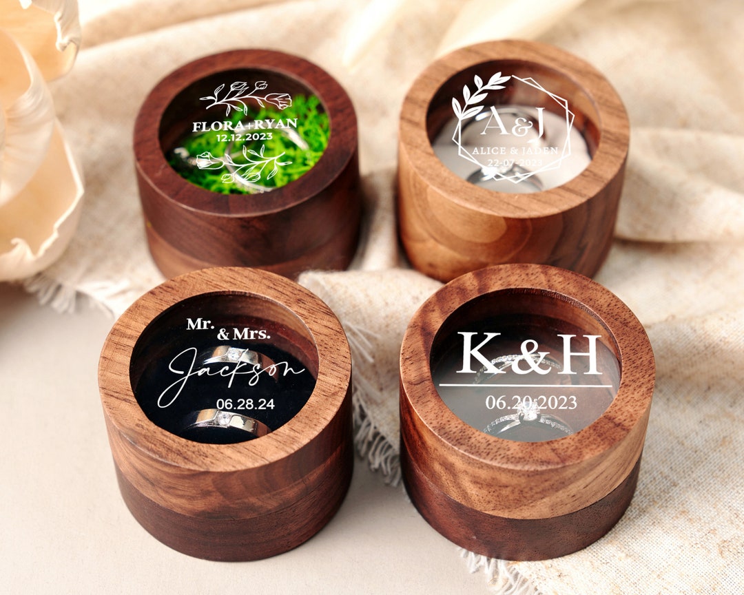 Custom Wooden Wedding Ceremony Round Ring Box, Clear Acrylic Cover ...