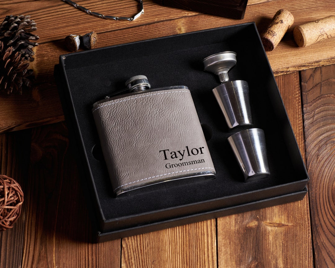 Engraved Leather Hip Flask + Cups Sets, Name Personalized Flask for ...
