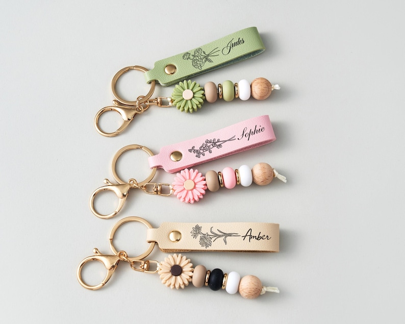 Custom Flower Charm Keychain, Engraved Faux Leather Strap With Beads ...