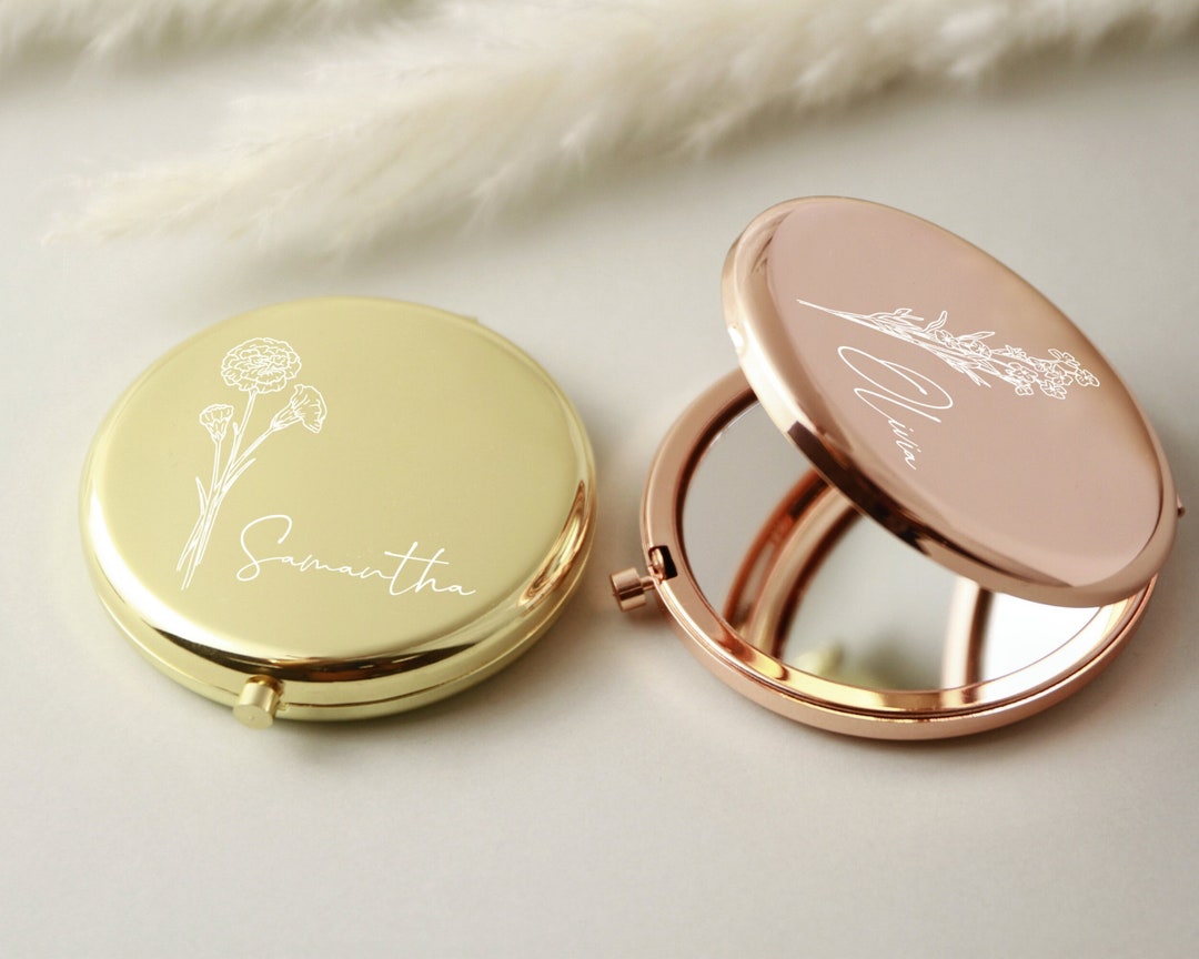 Birth Flower Engraved Compact Mirror, Personalize Bridesmaid & Wedding ...