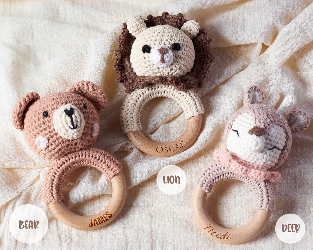 Personalized Animal Crochet Rattle, Custom Baby Shower Gift, Wooden ...