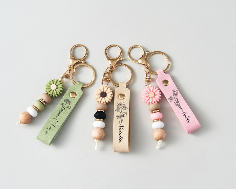 Personalized Flower Bead Keychain, Custom Faux Leather Strap Keyring ...