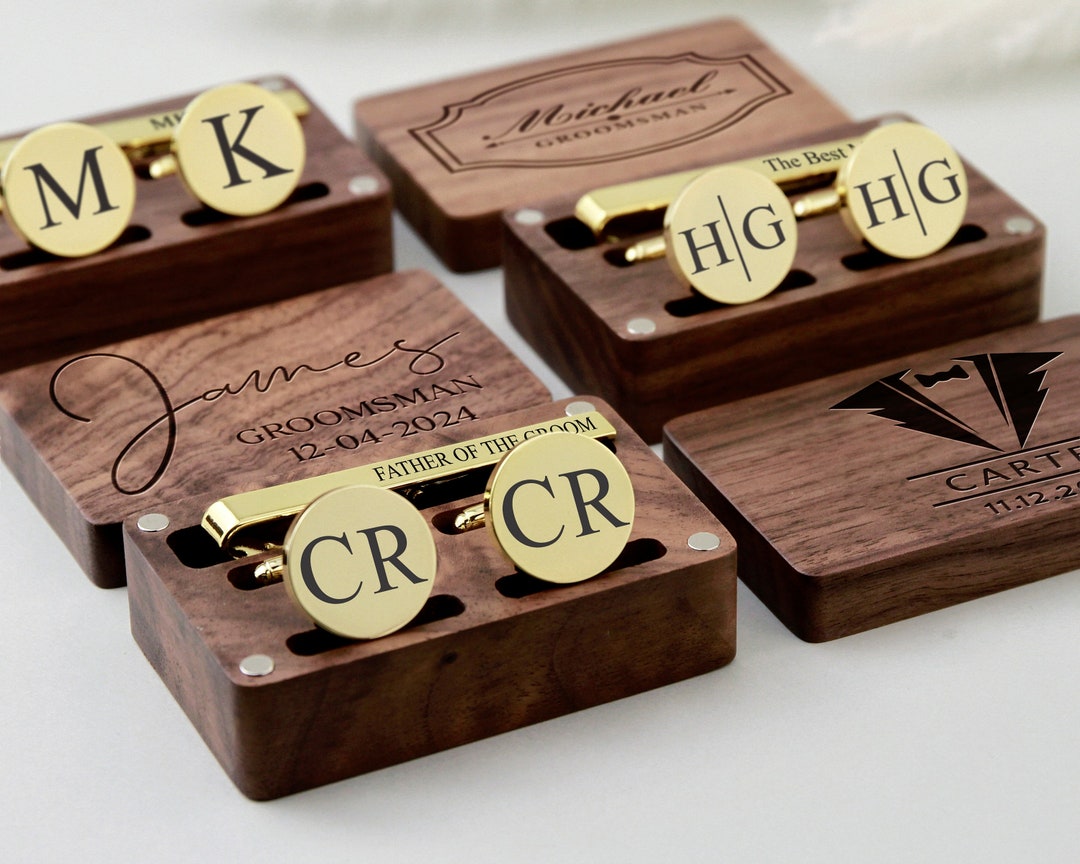 Gold Cufflinks Tie Clip Box for Groomsmen, Cufflinks Tie Clip Box With ...