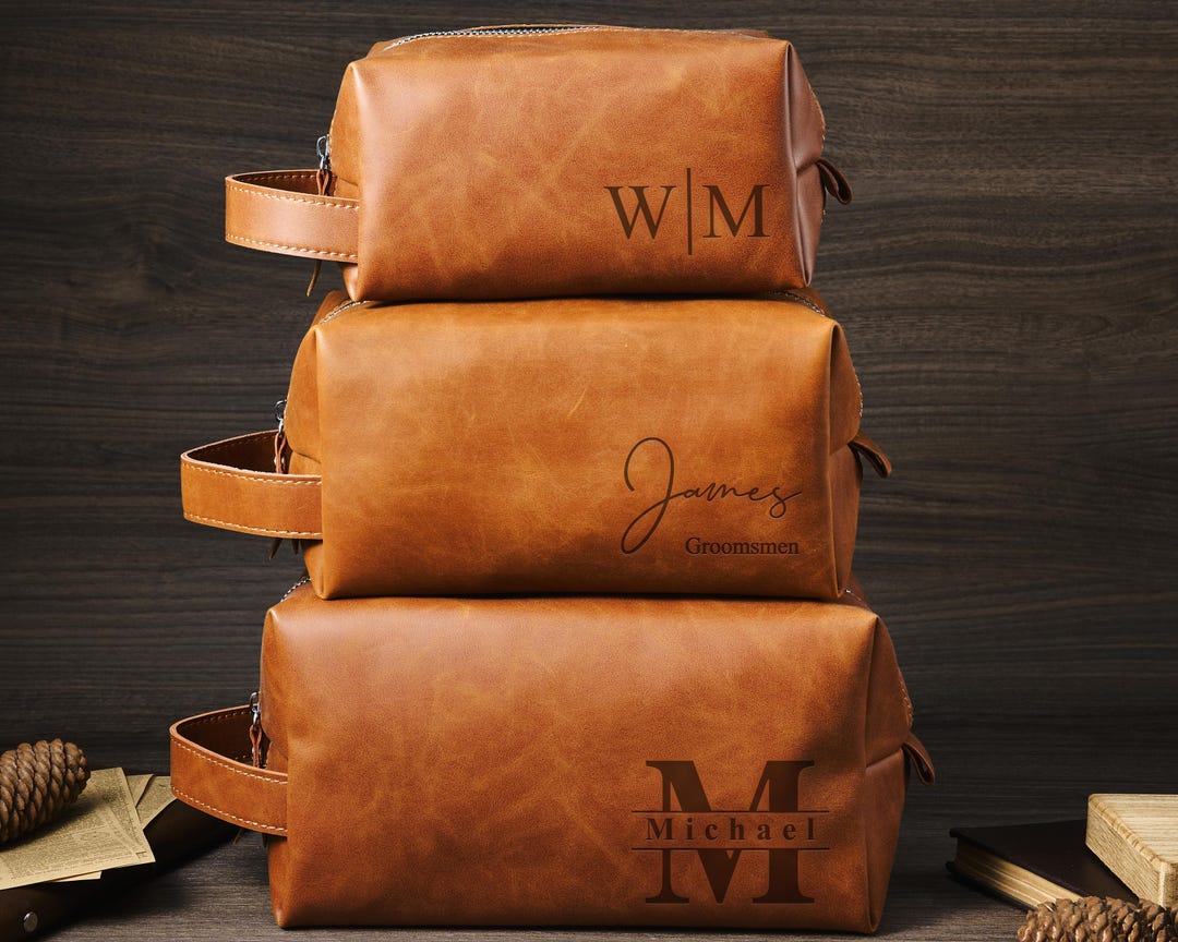 Laser Engraved Leather Travel Kit With Name, Custom Men's Leather Dopp ...