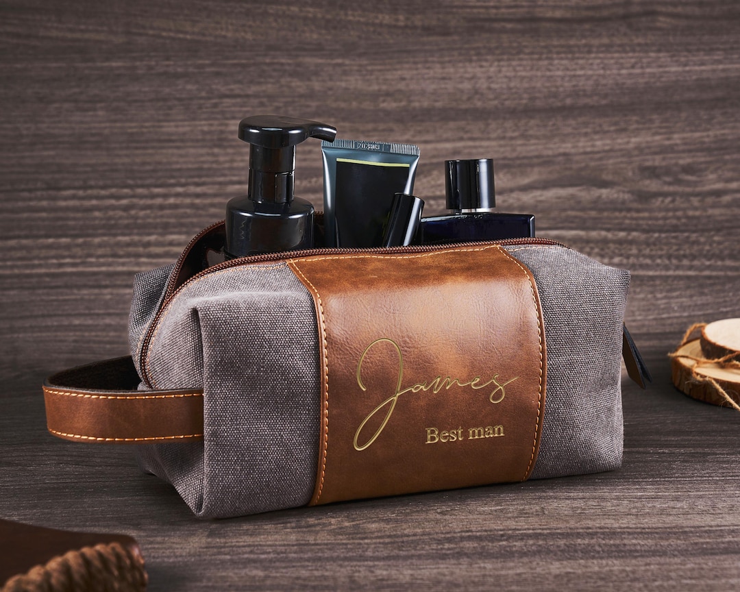 Custom Leather & Canvas Toiletry Bag for Men – Personalized Groomsmans ...