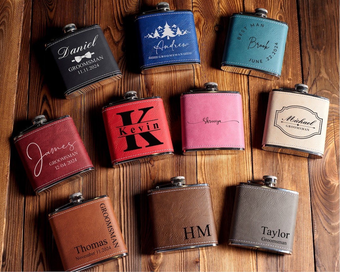 Engraved Leather Flask With Name, Personalized Flask for Groomsmen ...