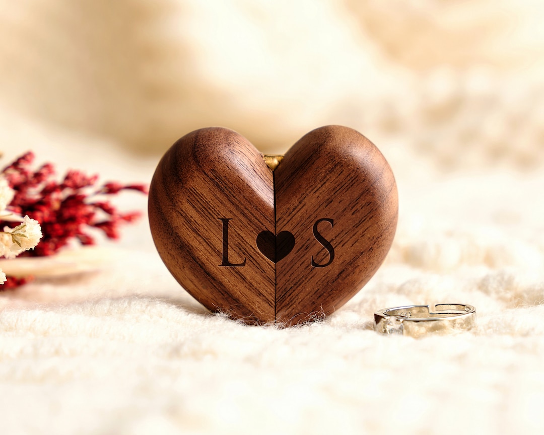 Personalized Heart Shaped Wooden Ring Holder, Custom Wedding Ring Box ...
