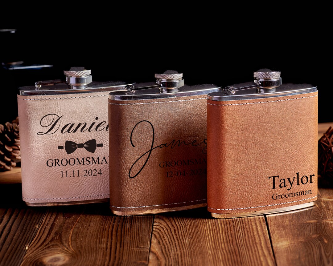 Personalized Leather Flask + Cups Set, Custom Name Engraved Best Man ...