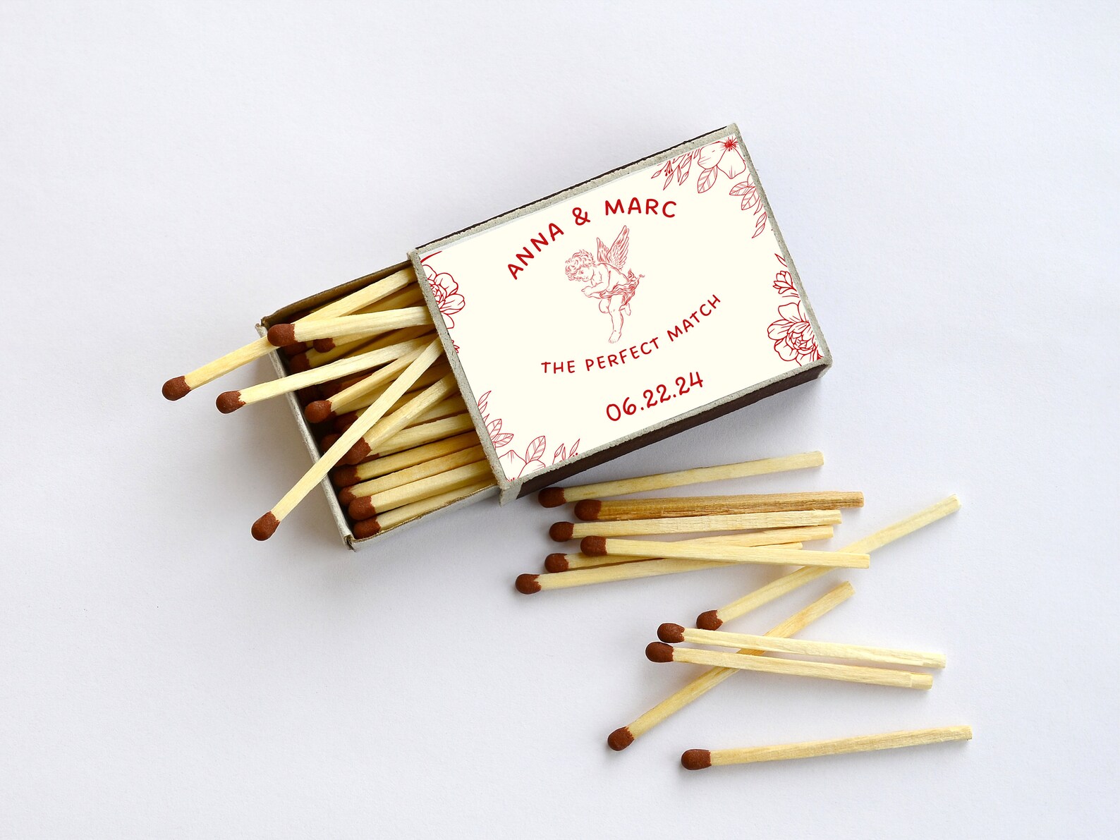 Whimsical MATCHBOX WEDDING FAVOR Template | Vintage, Hand Drawn, Cherub ...