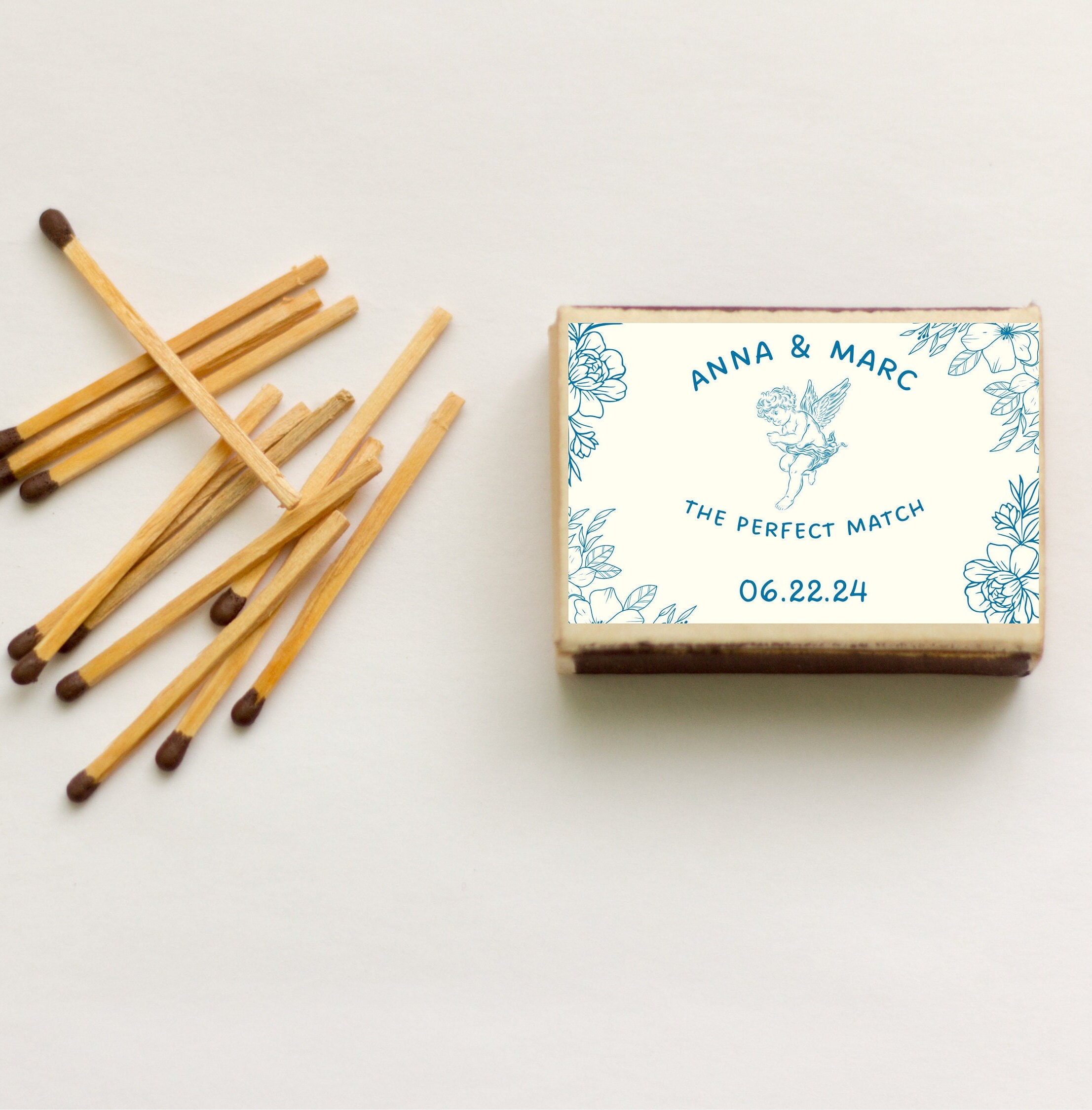 Whimsical MATCHBOX WEDDING FAVOR Template | Vintage, Hand Drawn, Cherub ...