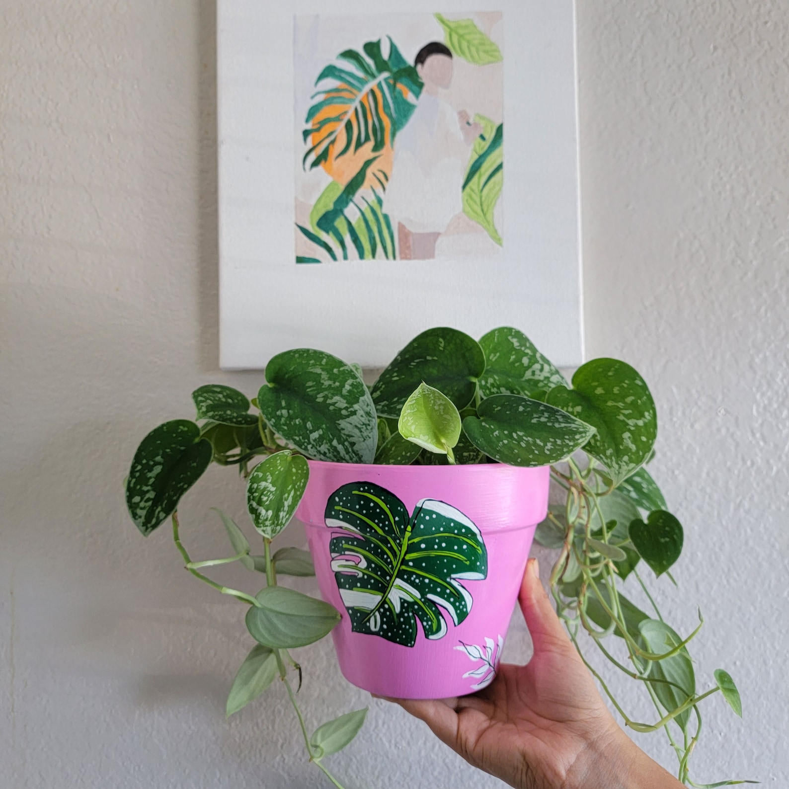 Variegated Monstera Leaf Terracotta Pot Hand Painted Indoor - Etsy