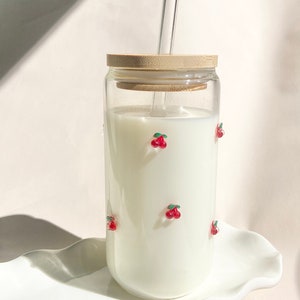 Red Cherry Glass Cup With Bamboo Lid for Iced Coffee 16oz Glass Cup ...
