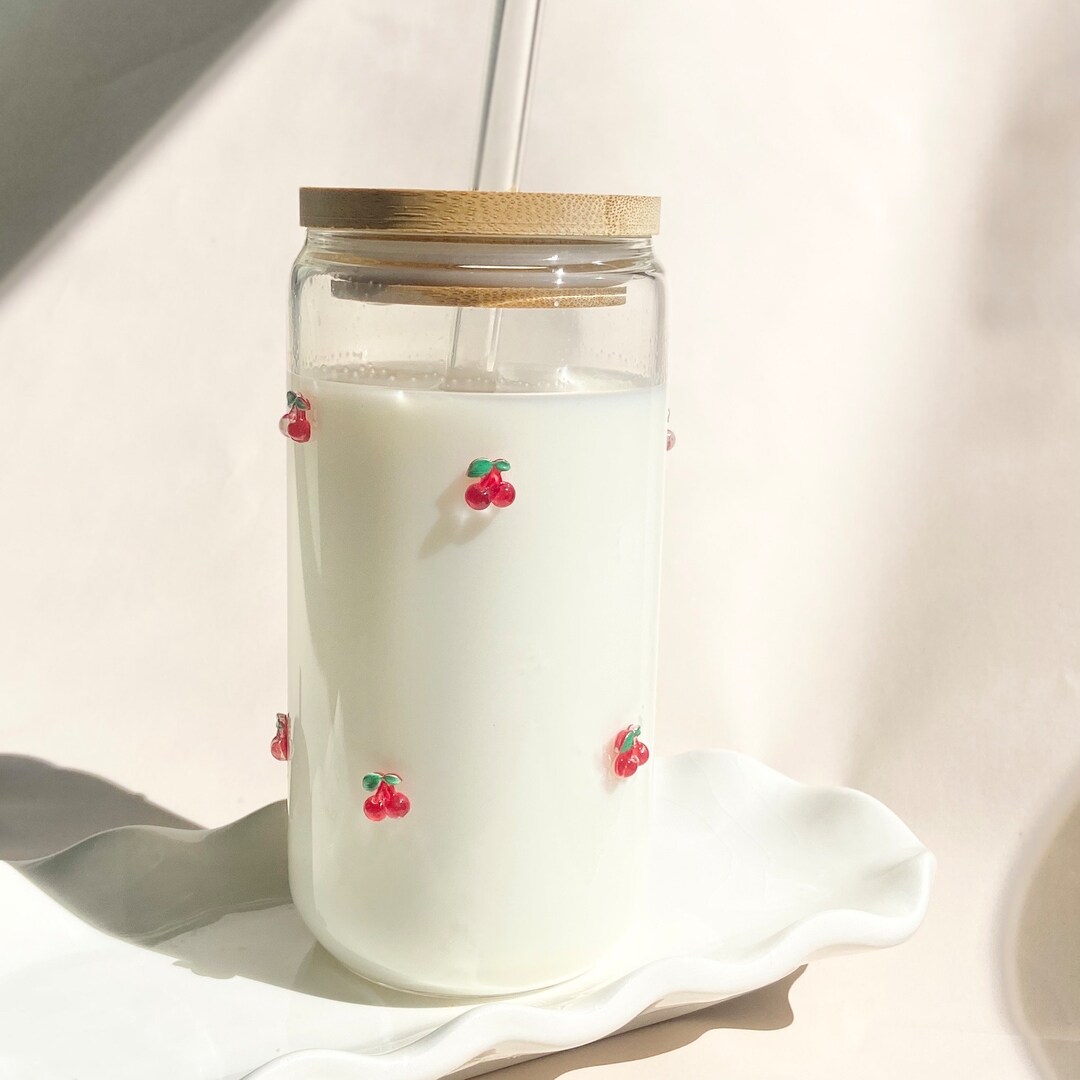 Red Cherry Glass Cup With Bamboo Lid for Iced Coffee 16oz Glass Cup ...
