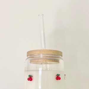 Red Cherry Glass Cup With Bamboo Lid for Iced Coffee 16oz Glass Cup ...