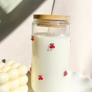 Red Cherry Glass Cup With Bamboo Lid for Iced Coffee 16oz Glass Cup ...