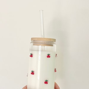 Red Cherry Glass Cup With Bamboo Lid for Iced Coffee 16oz Glass Cup ...