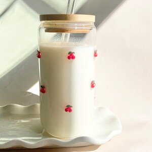 Red Cherry Glass Cup With Bamboo Lid for Iced Coffee 16oz Glass Cup ...
