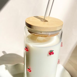 Red Cherry Glass Cup With Bamboo Lid for Iced Coffee 16oz Glass Cup ...