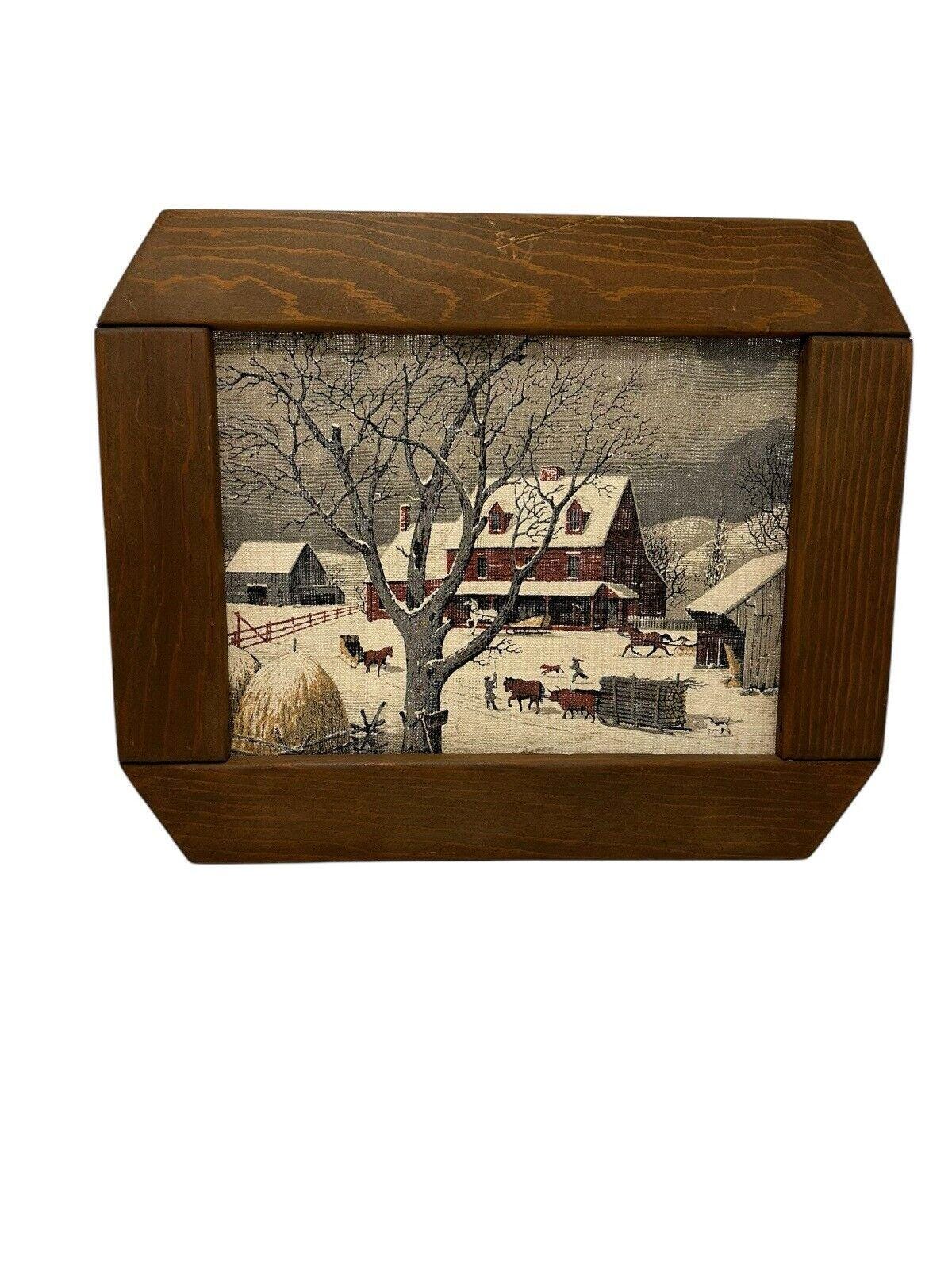 Vintage KAY DEE Handprints 100% Pure Linen Framed Farm Winter Snow ...