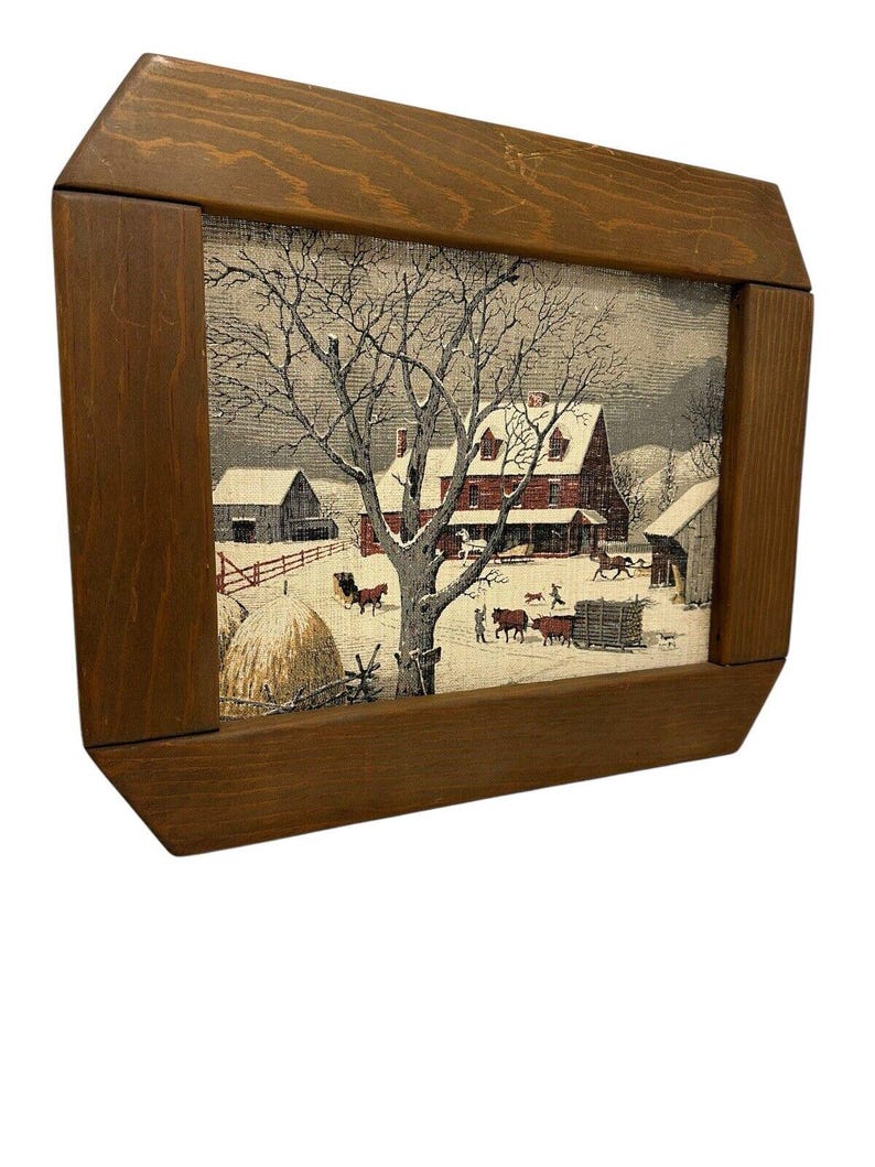 Vintage KAY DEE Handprints 100% Pure Linen Framed Farm Winter Snow ...