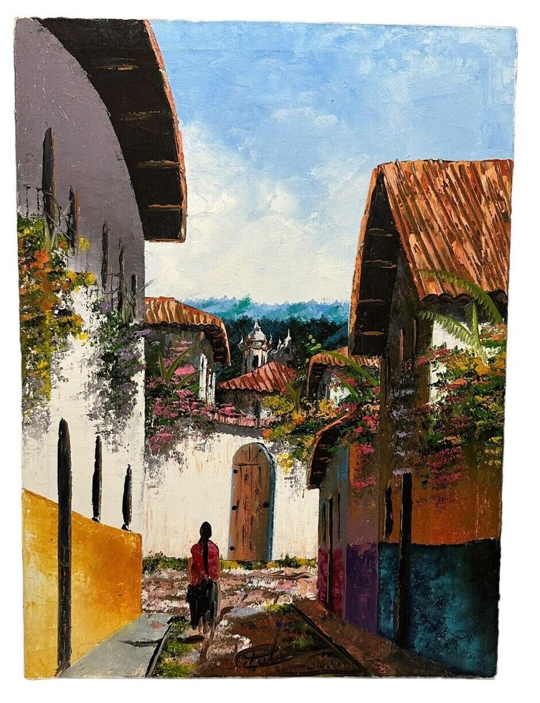 Original Signed Oil Painting Young Woman Walking Through the Village ...
