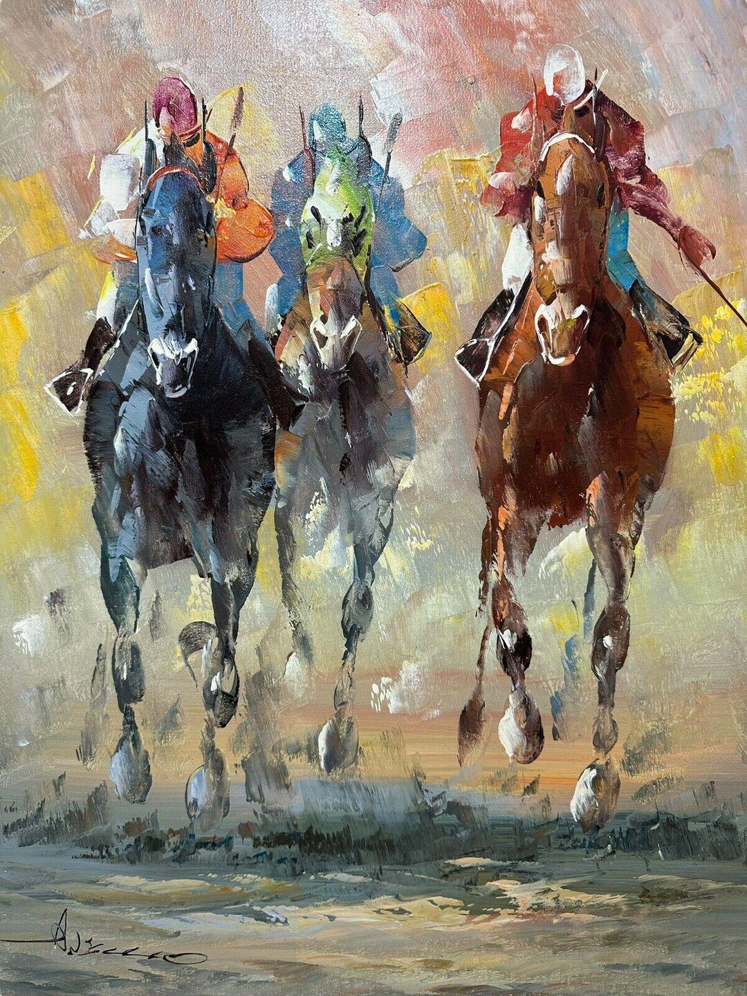 Anthony Vecchio Dynamic Trifecta Horse Racing Oil Painting Exciting Mid ...