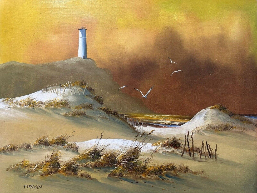 Original Oil Painting Morgan Signed Seascape Beach Seagulls Sand Dunes ...