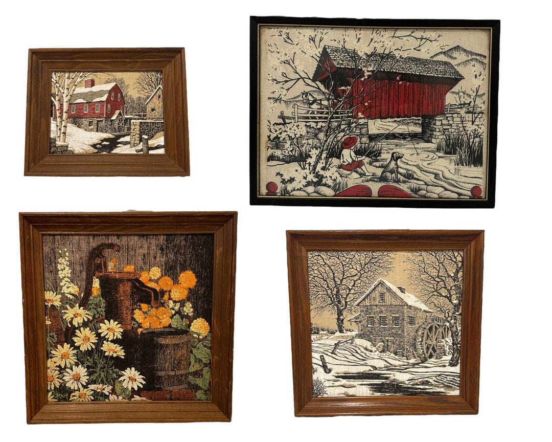 4 Vintage Kay Dee Hand Prints Linen Red Farm House Snow Covered Bridge ...