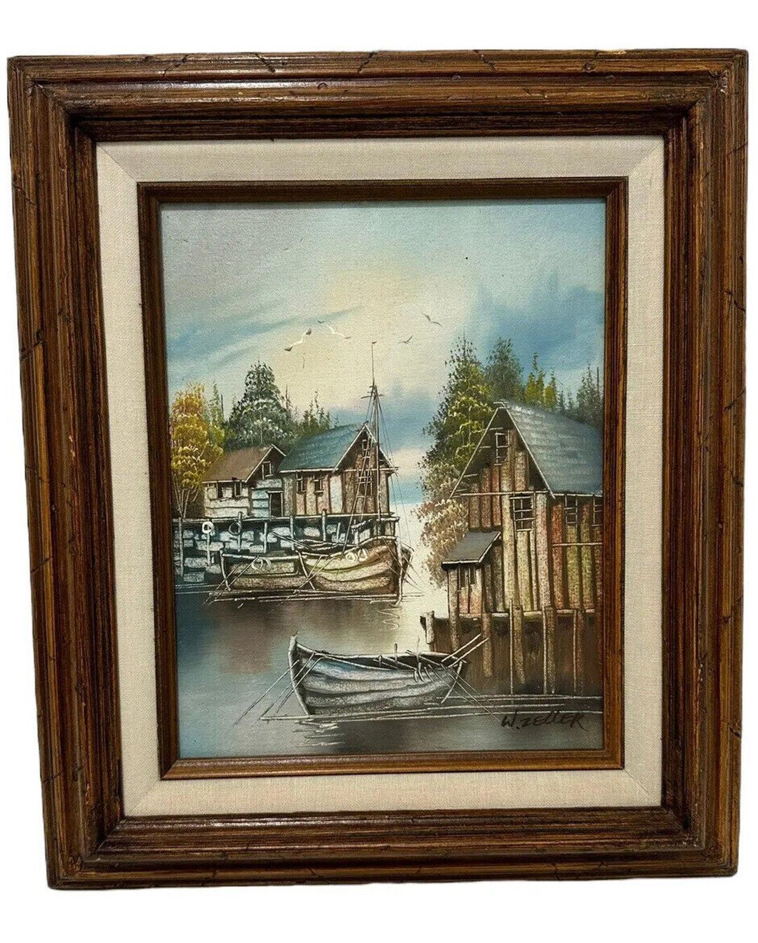 Vintage Nautical Painting Oil on Canvas Signed W Zeller Fishing Boats ...