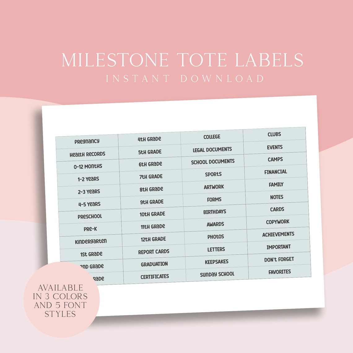 Milestone Tote Labels, Kids Memory Box, Keepsakes Box, File Labels, DIY ...