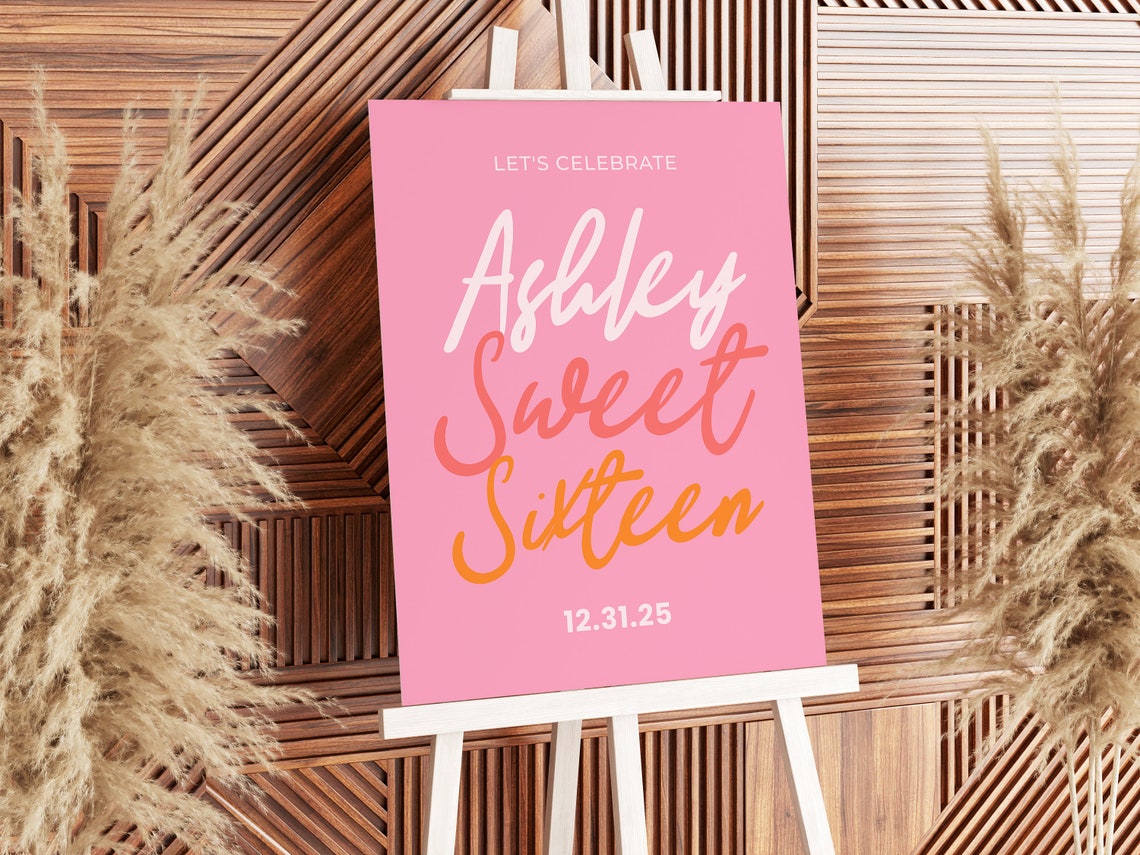Sweet Sixteen Welcome Sign Modern Pink Sweet 16 Birthday Party Entrance ...