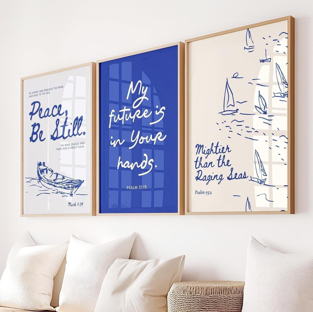 Set of 3 Blue Bible Verse Wall Art Motivational Bible Scripture Art ...