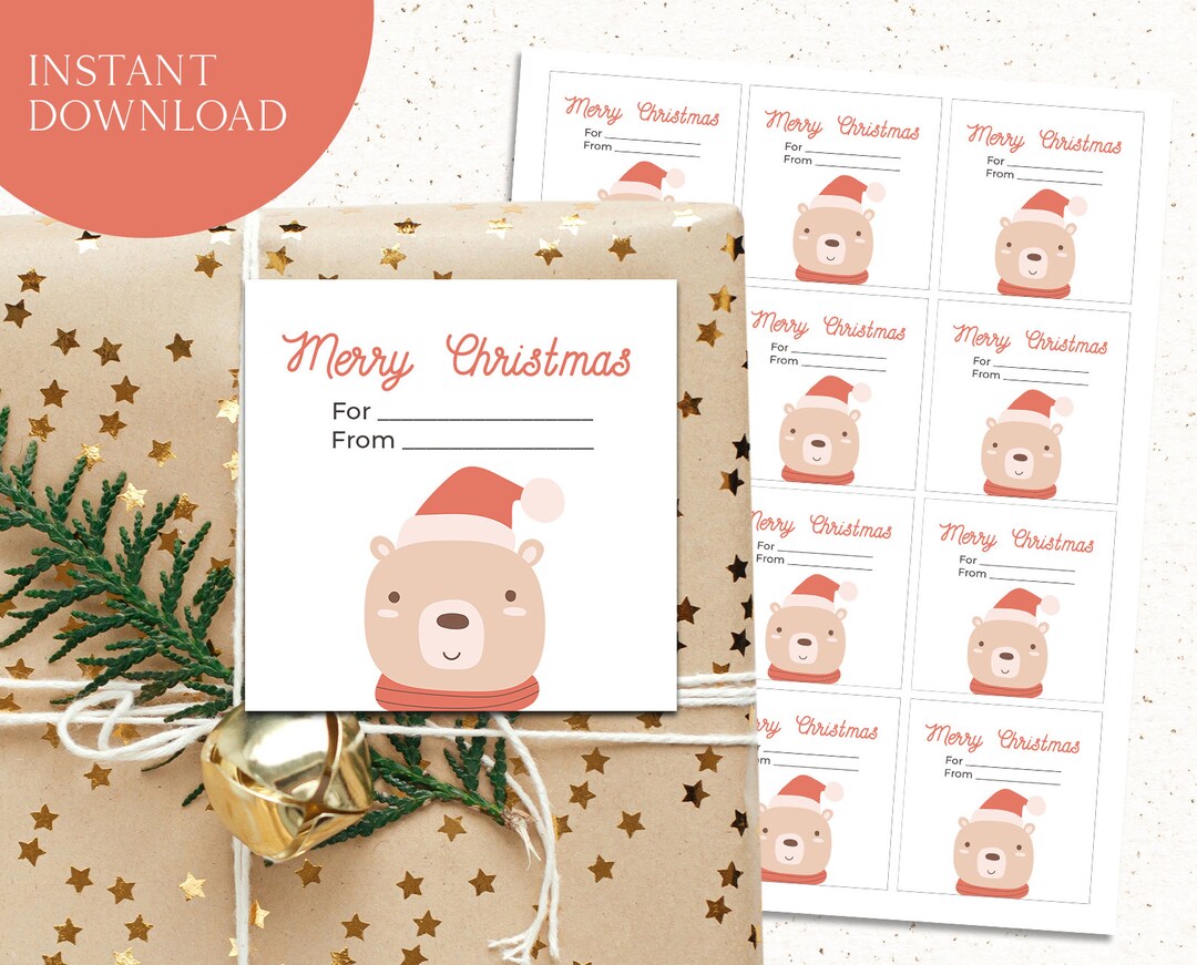 Merry Christmas Gift Tag Printable Cute Bear Christmas Gift - Etsy