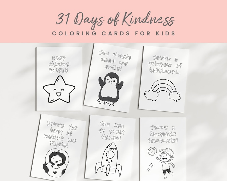 Kindness Cards for Kids, Coloring Cards, Friendship Cards, 31 Days of ...