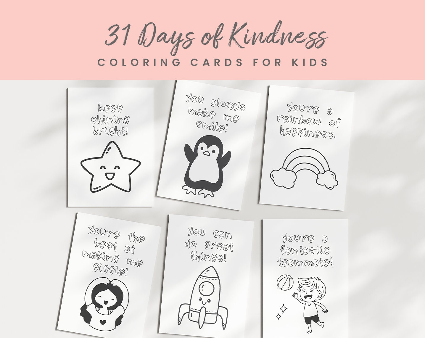 Kindness Cards for Kids, Coloring Cards, Friendship Cards, 31 Days of ...