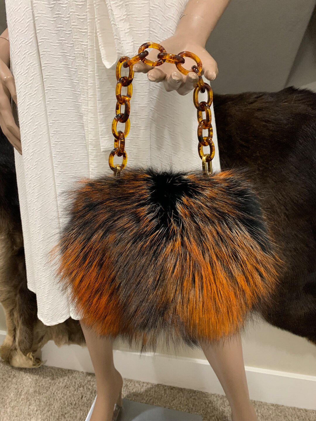 Orange to Black Gradient Luxury Real Fox Fur Kisslock Camera Bag ...