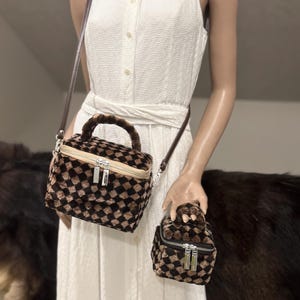 Checkerboard Genuine Shearling Leather Boxy Bag Set, Handmade Real ...