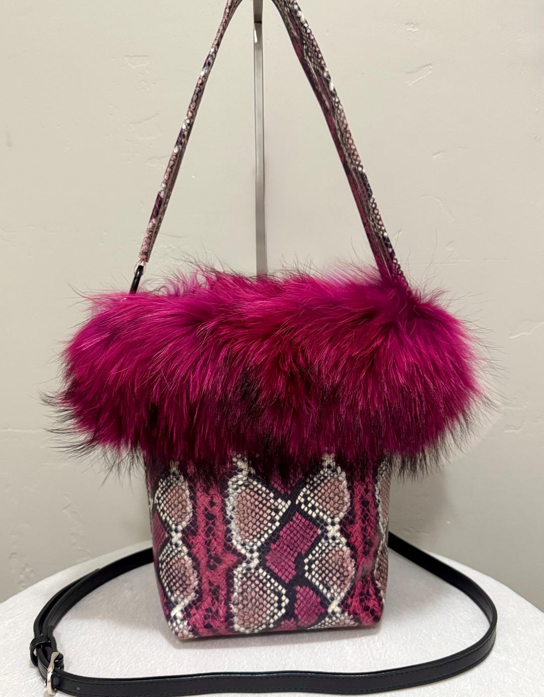 Snake Embossed Leather With Real Fox Fur Trimmed Handmade Tote Bag ...
