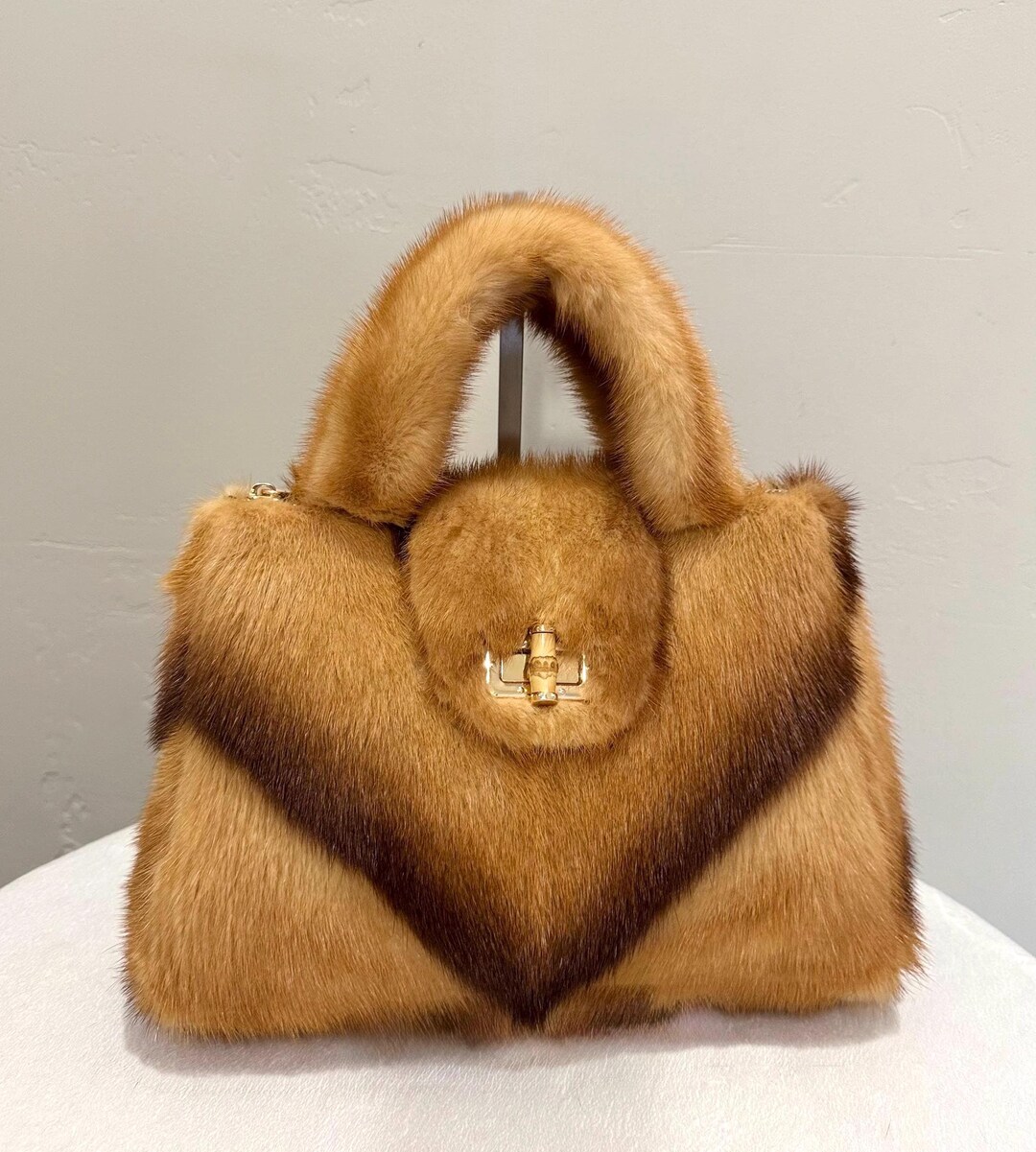 2 Tone Brown Luxury Real Mink Fur With Herringbone Pattern Handbag ...