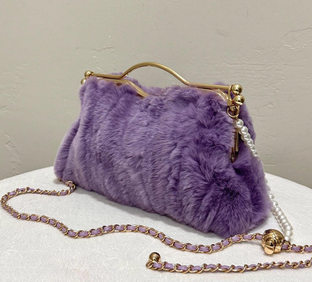 Lilac Real Rex Rabbit Fur Double Kisslock Handbag, Real Fur Top Handle ...