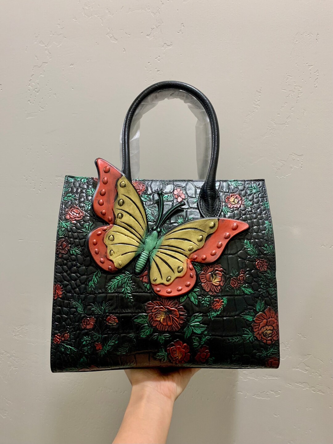 3D Butterfly & Floral Embossed Leather Handbag, Top Handle Satchel ...