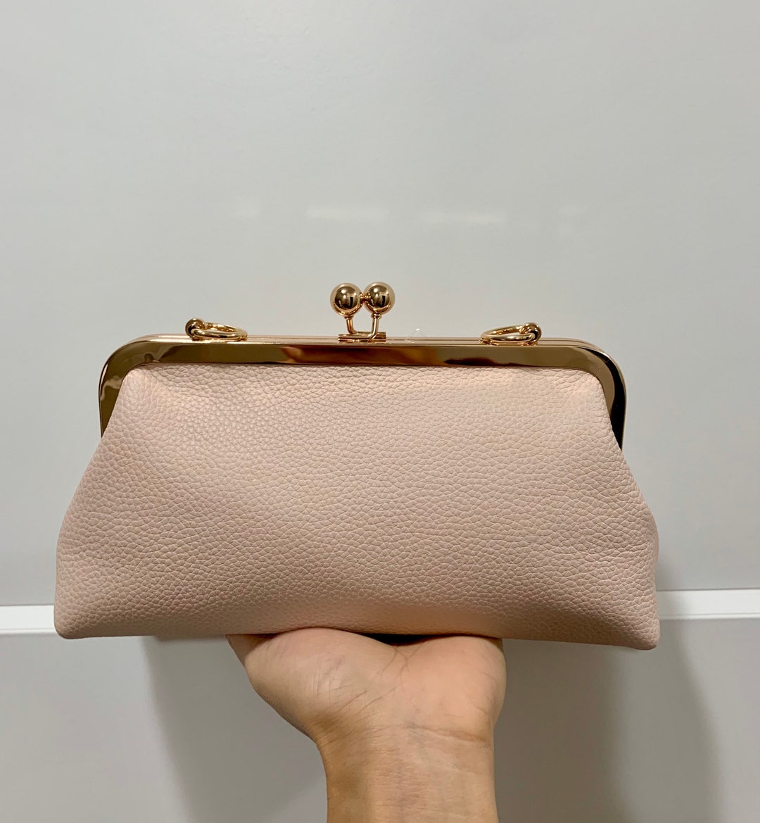 Pink Genuine Pebble Leather Handmade Kisslock Clutch Bag/shoulder Bag ...