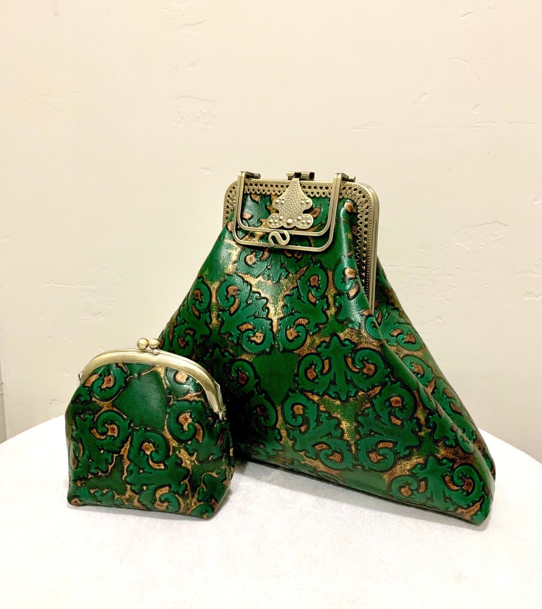 Vintage Style Handsewn Chic Pyramid Shaped Genuine Embossed Leather ...