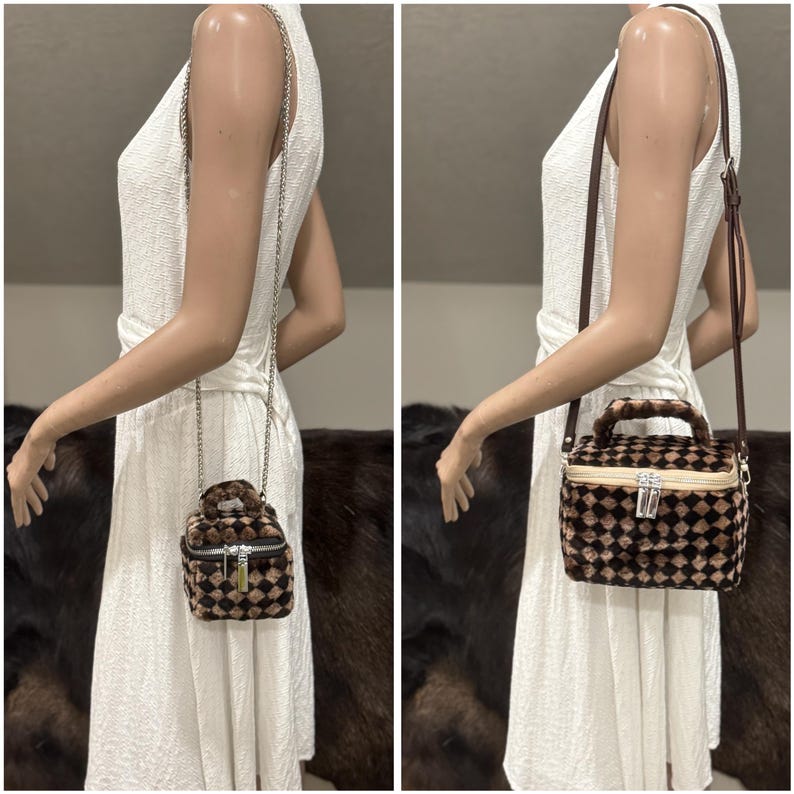 Checkerboard Genuine Shearling Leather Boxy Bag Set, Handmade Real ...