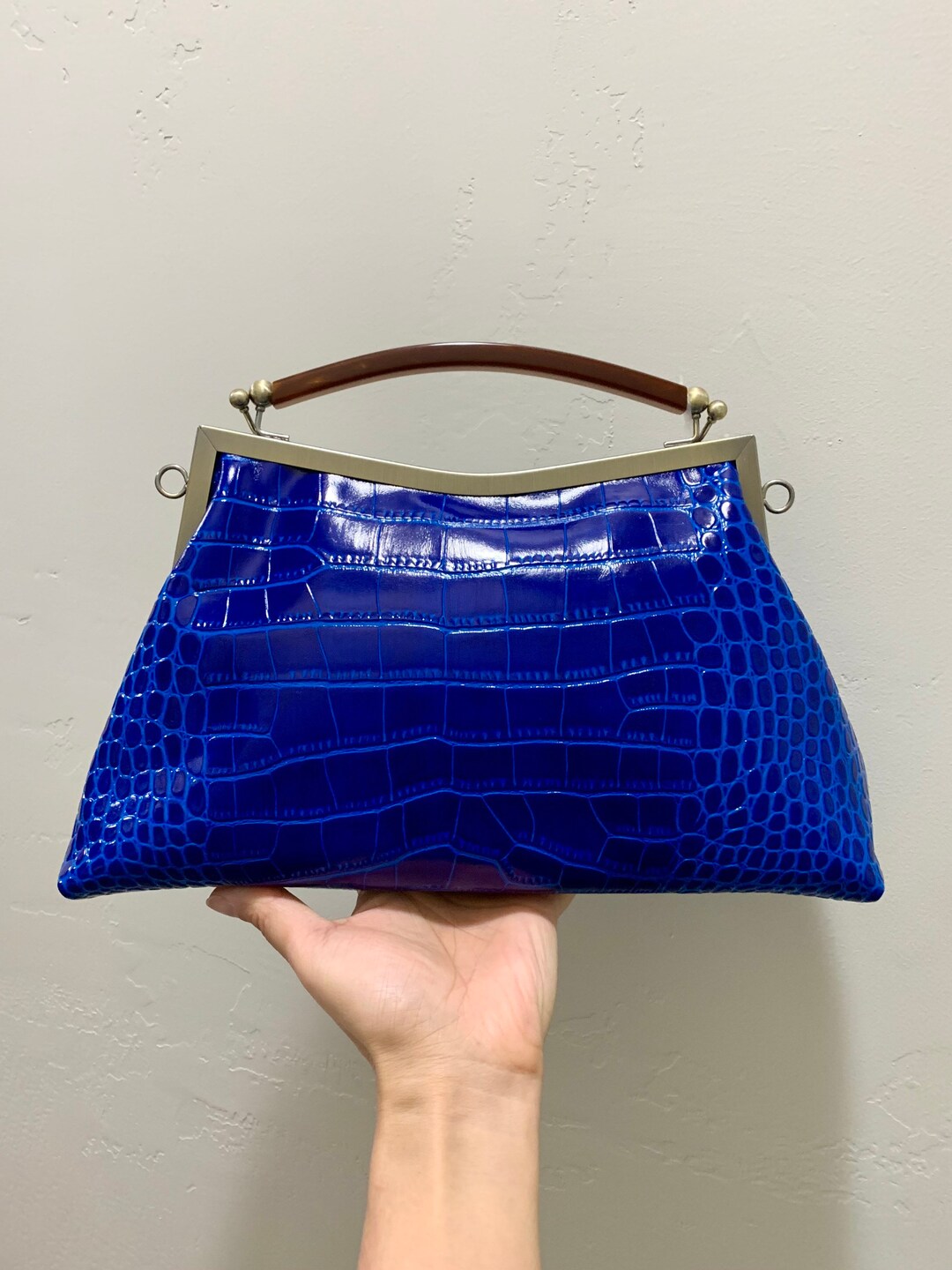 Royal Blue Genuine Leather Croc-embossed Handbag, Double Kisslock ...