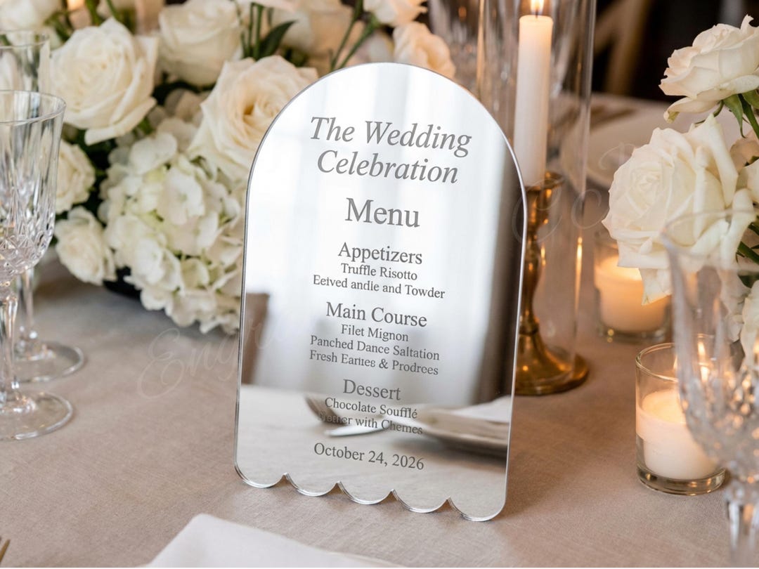 Silver Mirror Acrylic Wedding Menu Sign | Laser Engraved Reception ...