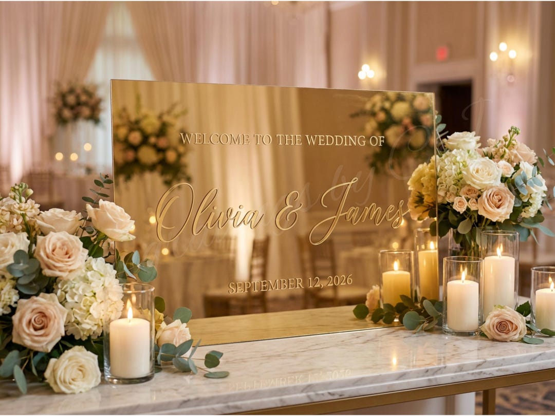 Mirror Wedding Welcome Sign, Personalized Gold or Silver Back Engraved ...