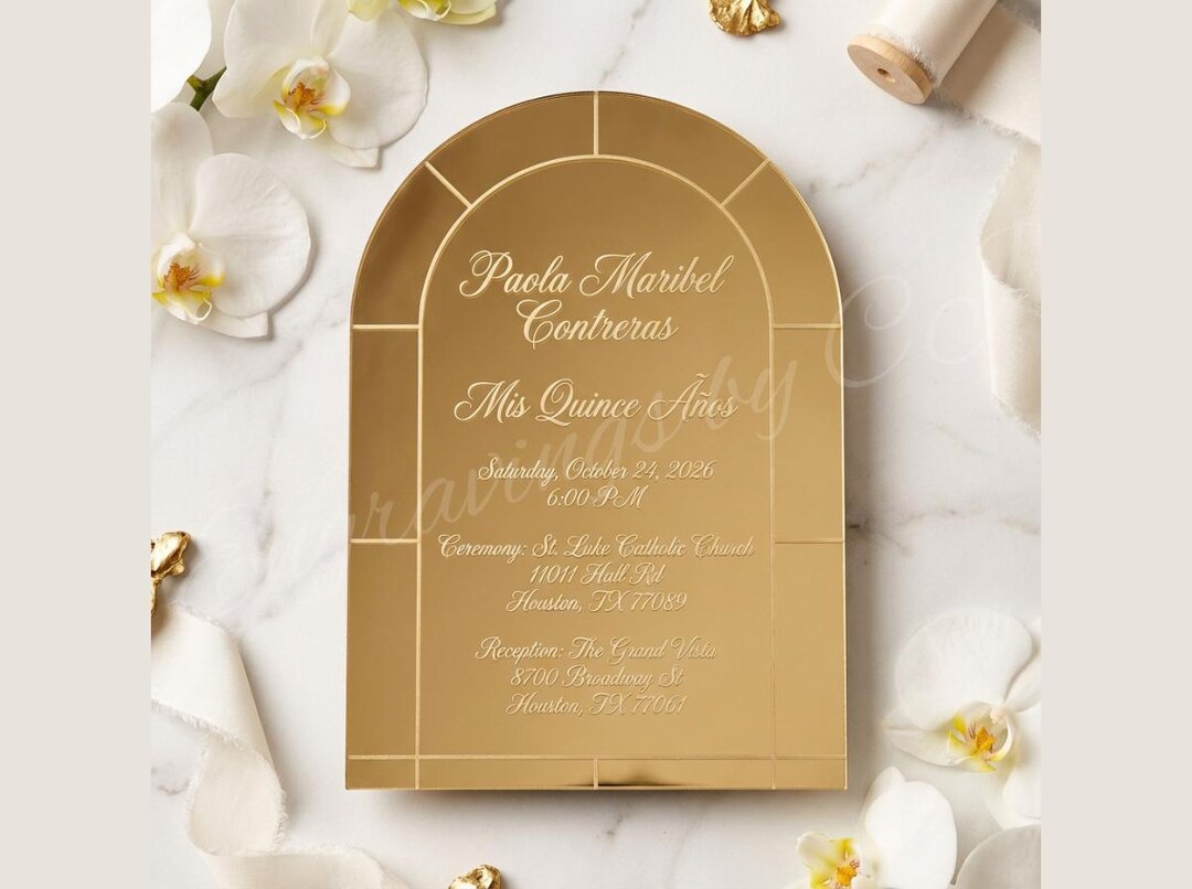 Gold Mirror Quinceañera Invitation Modern Arch | Luxury Acrylic Mis ...