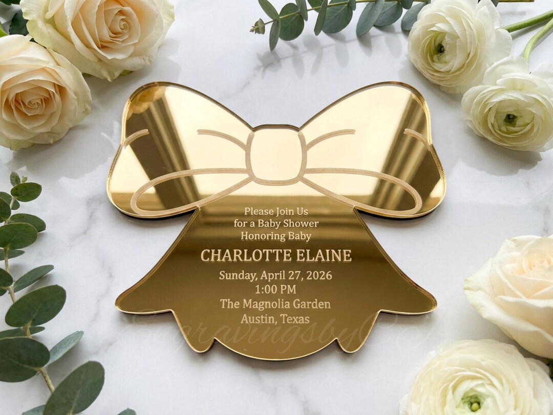 Gold Mirror Bow Baby Shower Invitation | Acrylic Bow Baby Shower Invite ...